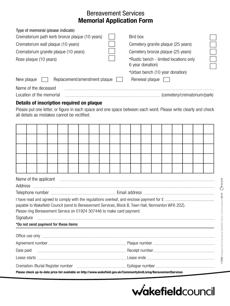 Fillable Online wakefield gov Bereavement Services Memorial Application Form - Wakefield ...