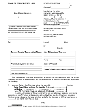 Fillable Online CLAIM OF CONSTRUCTION LIEN STATE OF OREGON County of I ...