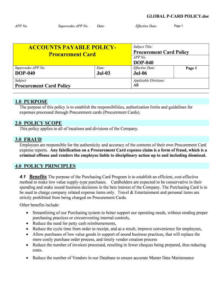 Fillable Online ACCOUNTS PAYABLE POLICY- Procurement Card Procurement Card Fax Email Print ...