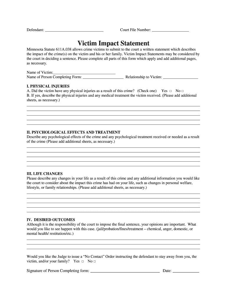 Fillable Online co rice mn Victim Impact Statement - Rice County ...