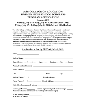 Fillable Online education msu 2015 SHSSP Application Recommendation ...
