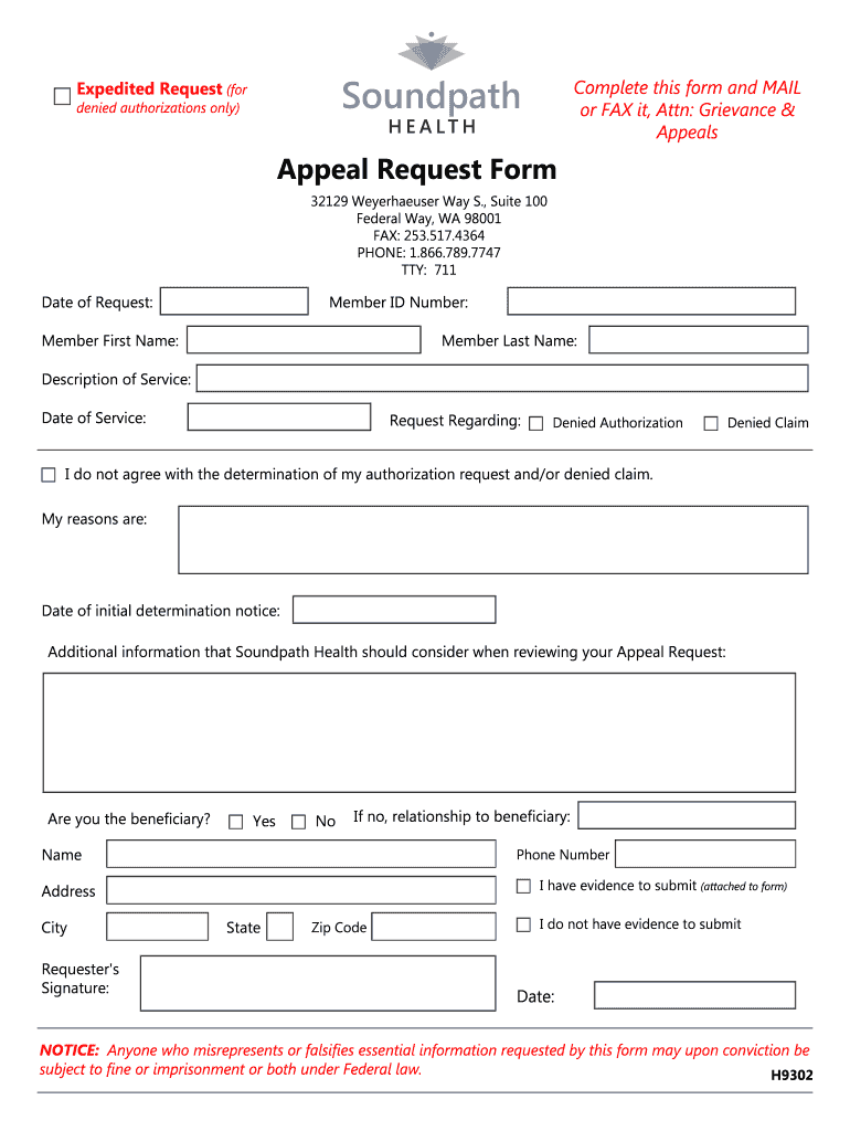 Fillable Online Appeal Request Form - Soundpath Health Fax Email Print ...