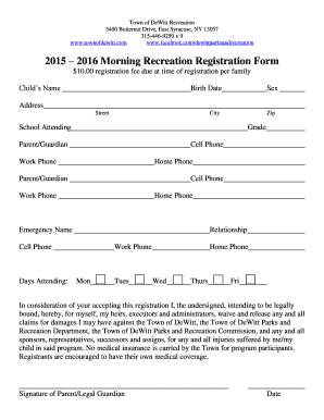 Fillable Online 2015 2016 Morning Recreation Registration Form Fax Email Print - pdfFiller