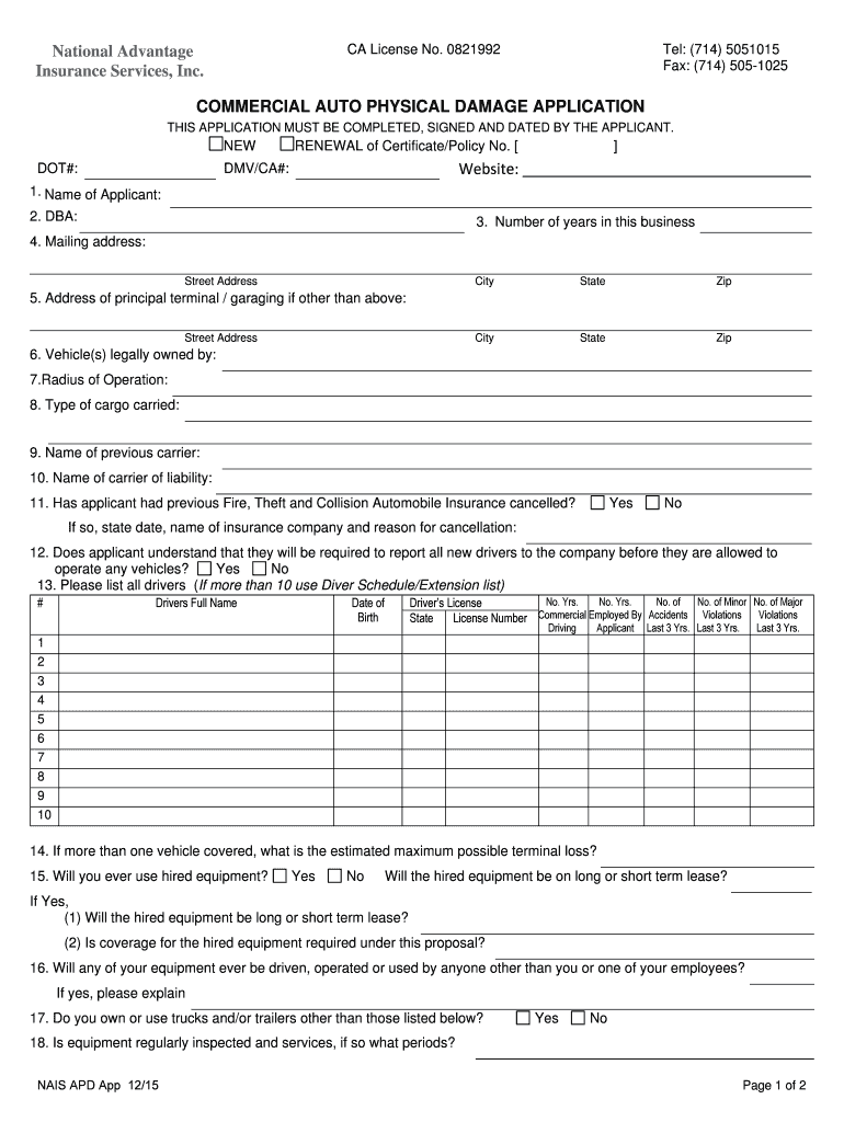 Fillable Online COMMERCIAL AUTO PHYSICAL DAMAGE APPLICATION Fax Email ...