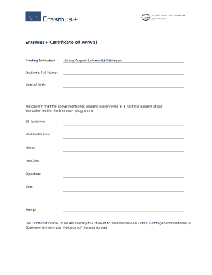 Fillable Online Erasmus Certificate of Arrival - uni-goettingende Fax ...