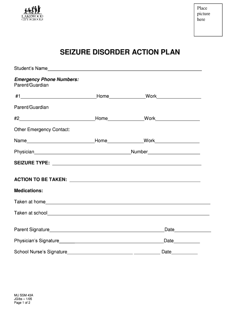 Fillable Online SEIZURE DISORDER ACTION PLAN - Lakewood City Schools ...