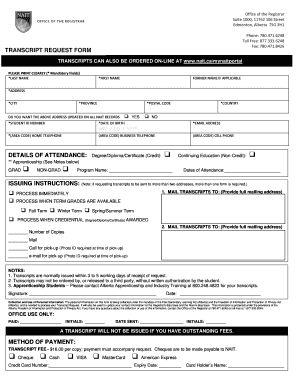 Fillable Online nait Transcript Request Form - Rev February 5 2016 Fax ...