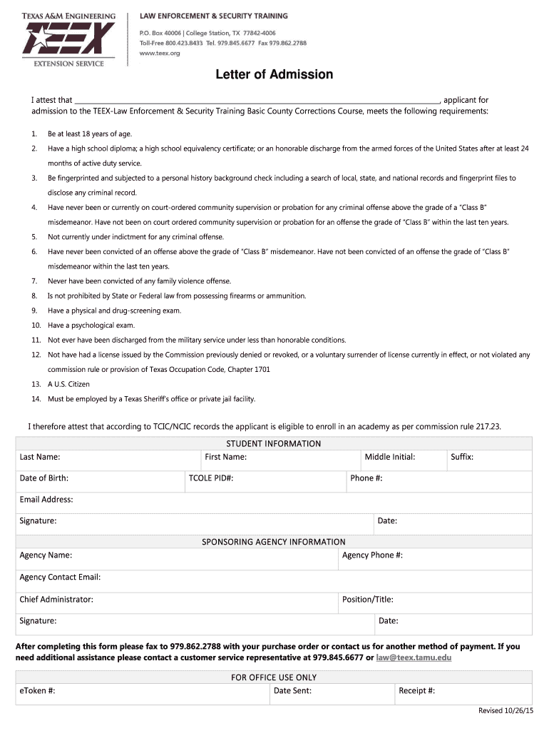 Fillable Online teex Basic County Corrections Letter of Admission - TEEX Fax Email Print - pdfFiller