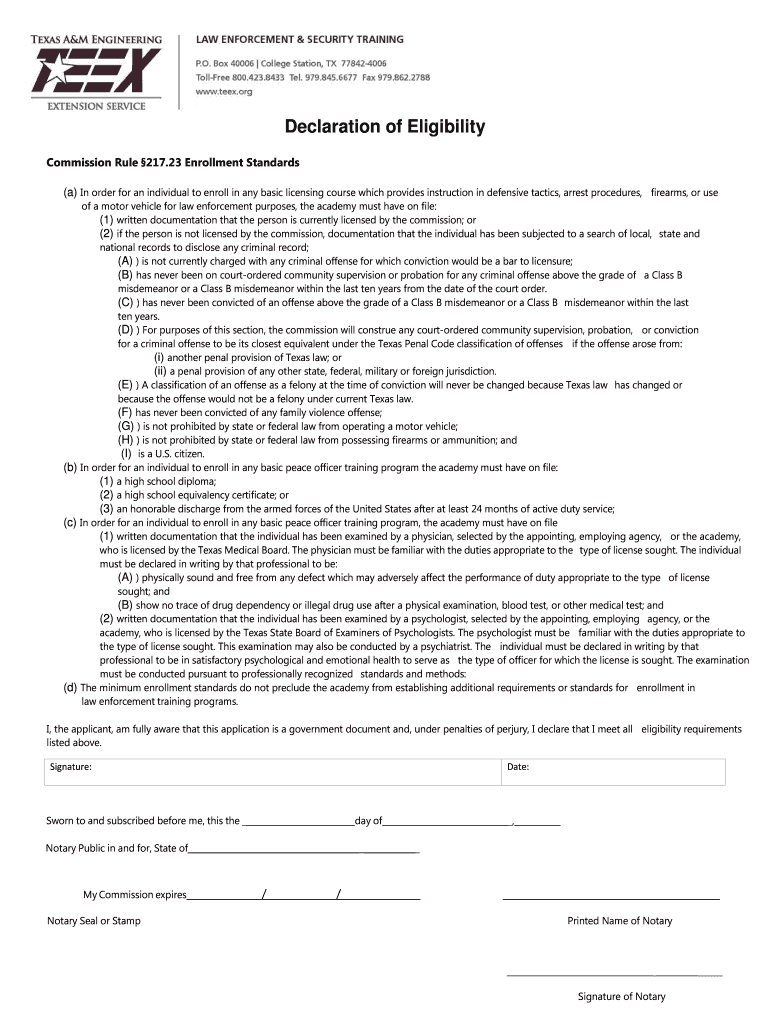 Fillable Online teex Declaration of Eligibility - TEEX Fax Email Print ...
