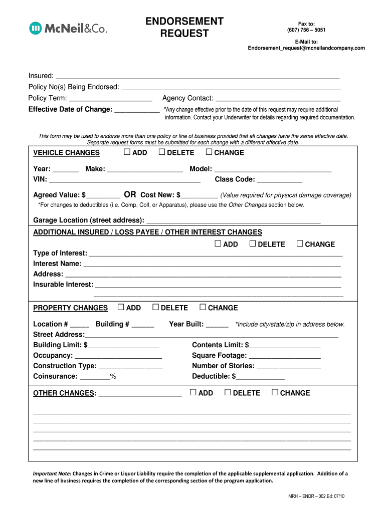 Fillable Online Revised Endorsement Request form - McNeil Co Fax Email ...
