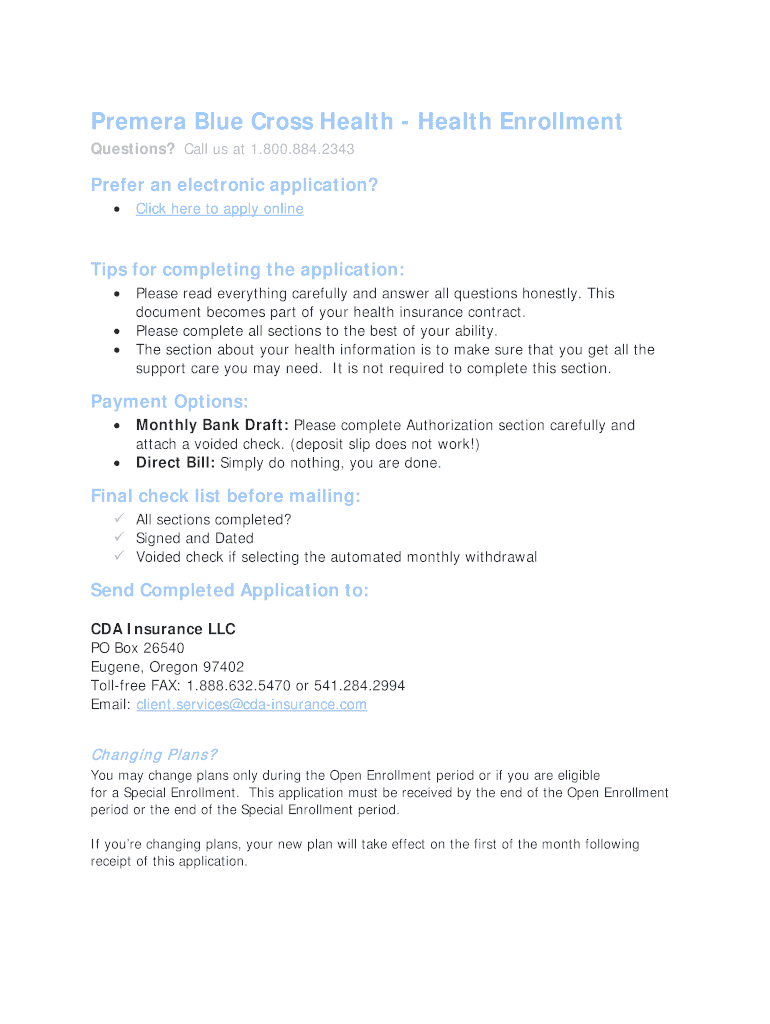 Fillable Online Premera Blue Cross Health Health Enrollment Questions ...