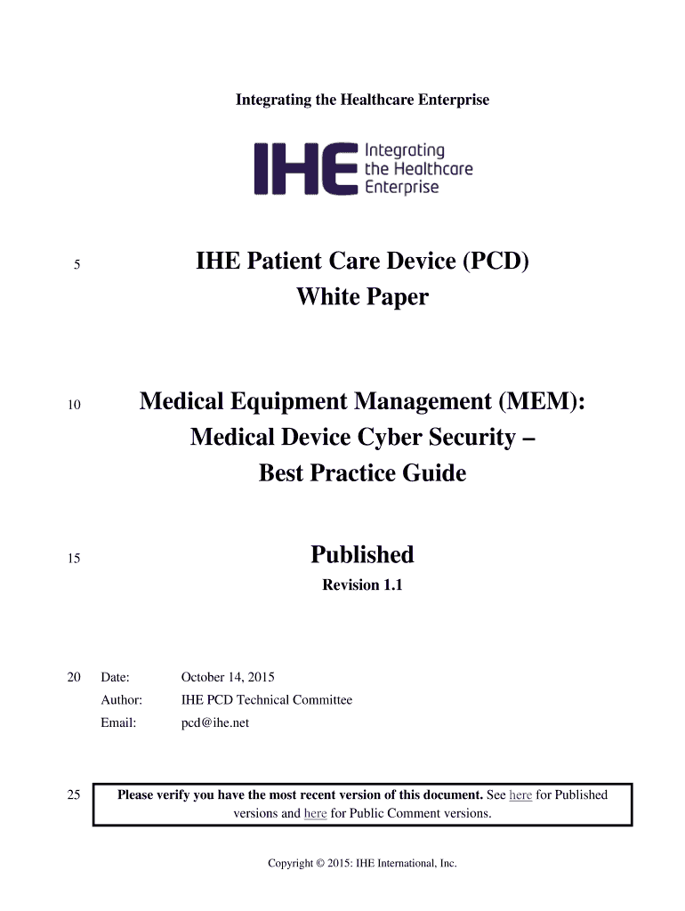 Fillable Online IHEPCDWPCyber-SecurityRev112015-10-14 IHE PCD Cyber Security White Paper Fax ...
