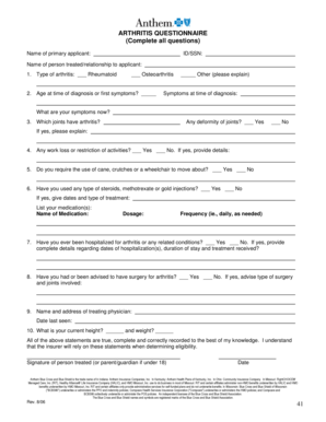 Fillable Online ARTHRITIS QUESTIONNAIRE Complete all questions Fax ...