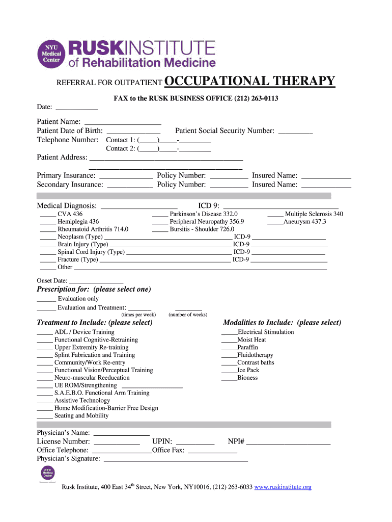 Fillable Online webdoc nyumc REFERRAL FOR OUTPATIENT OCCUPATIONAL ...