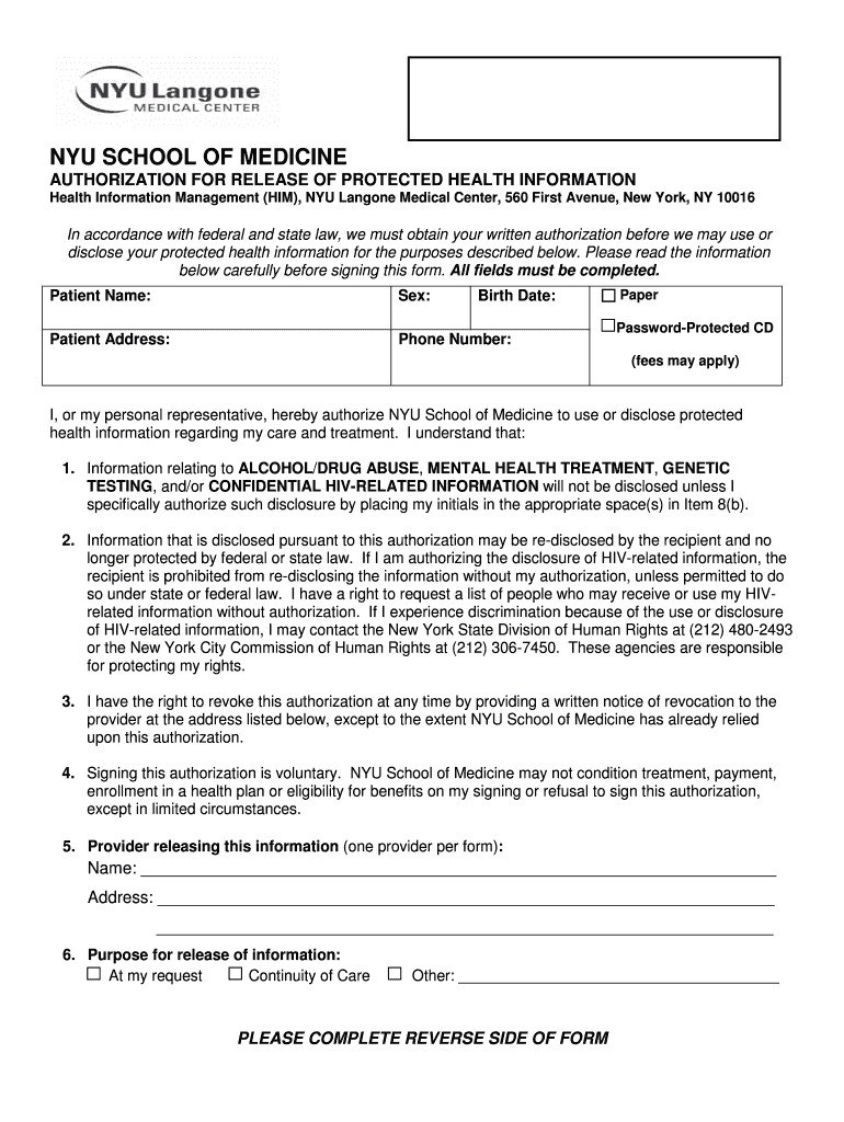 Fillable Online webdoc nyumc Health Information Management (HIM), NYU Langone Medical Center ...
