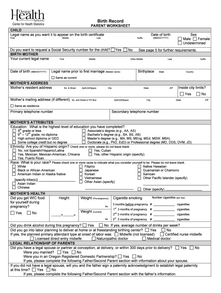 Fillable Online legacyhealth Parent worksheet for Oregon fetal death certificate - Word version ...