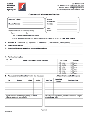Fillable Online Commercial Information Section - Surplus Ins Fax Email ...