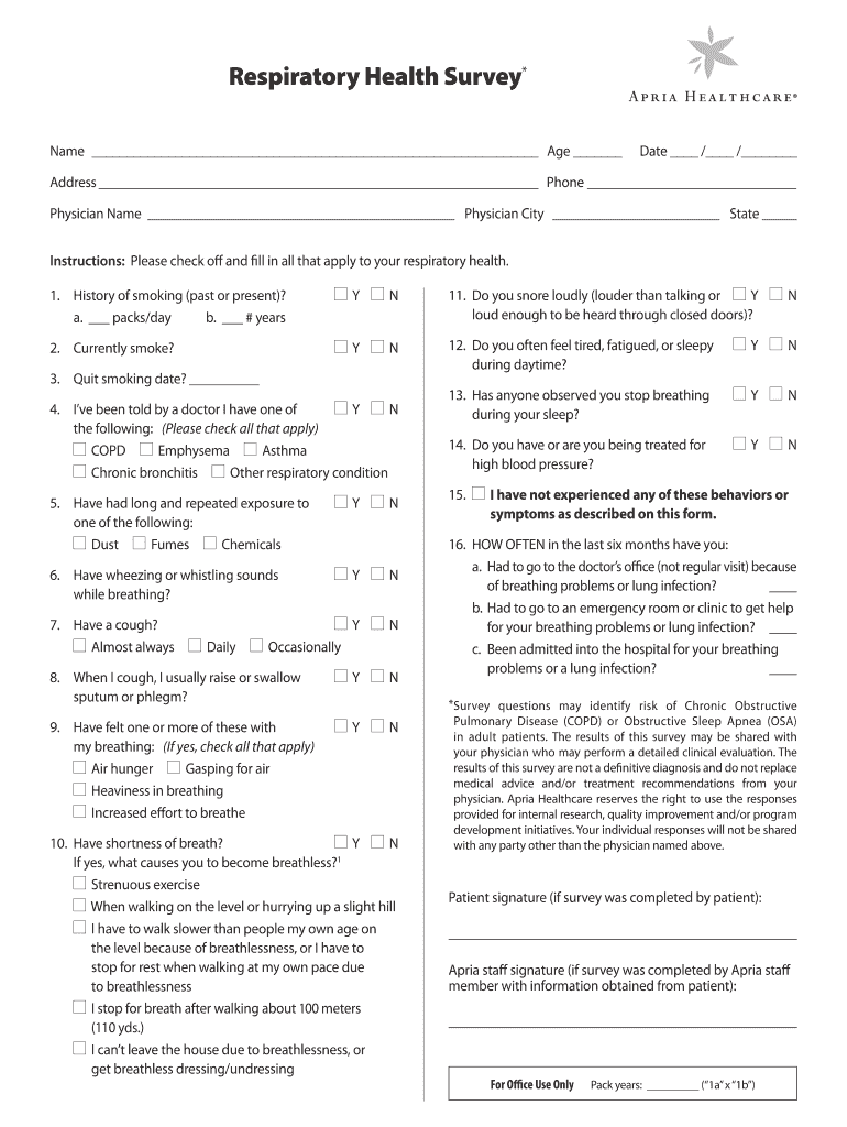 Fillable Online Respiratory Health Survey - Apria Healthcare Fax Email ...