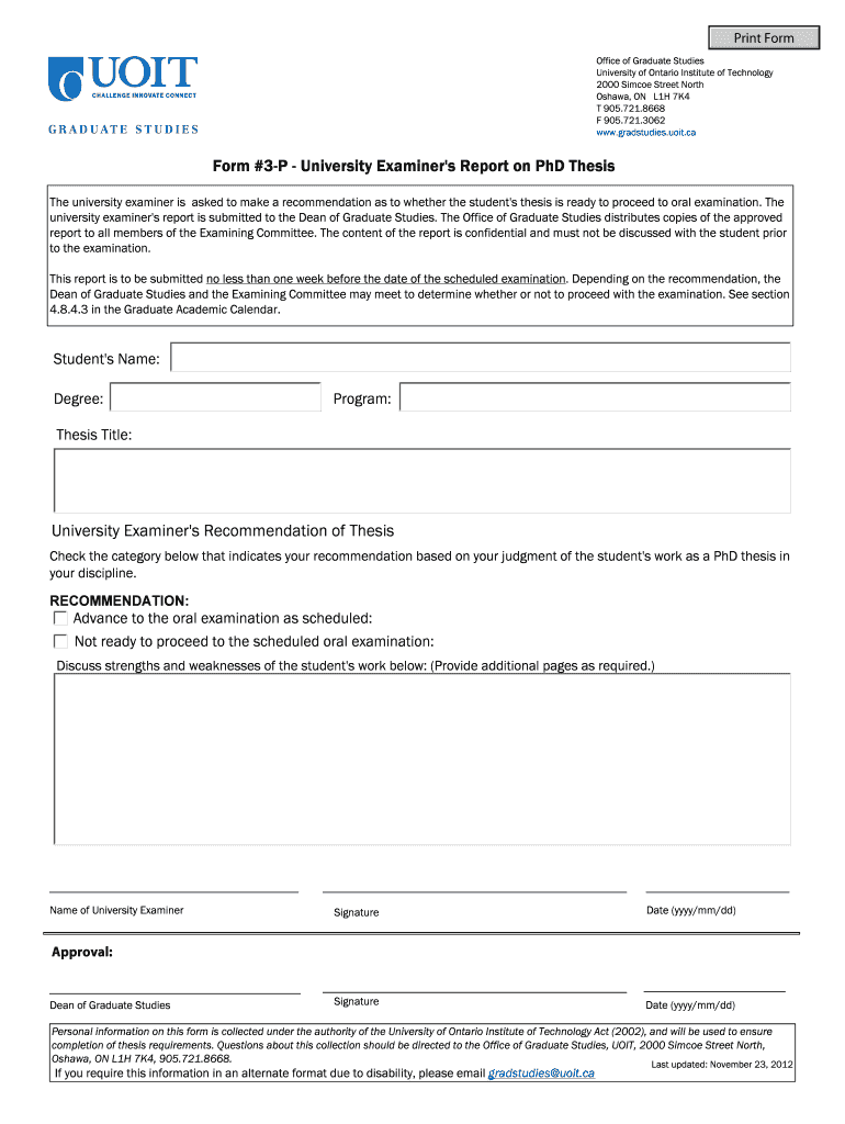Fillable Online Form 3-P - University Examiners Report on PhD Thesis ...
