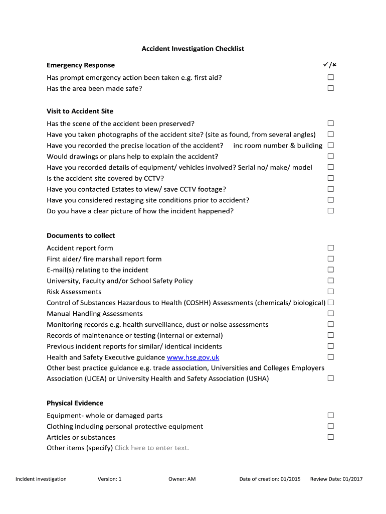Fillable Online Accident Investigation Checklist Fax Email Print ...