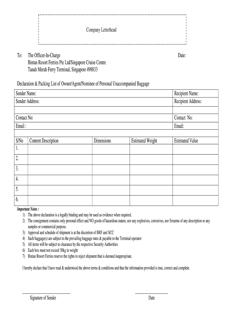 Fillable Online Unaccompanied declaration form - Bintan Resort Ferries Fax Email Print - pdfFiller