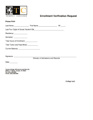 Fillable Online templejc Enrollment Verification Request - Temple College - templejc Fax Email ...