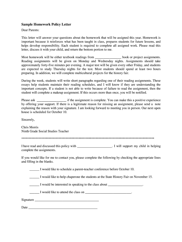 Fillable Online Sample Homework Policy Letter - wpsablongmancom Fax ...