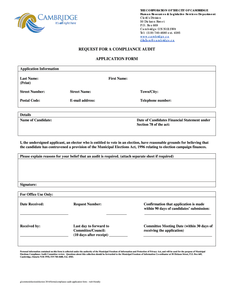 Fillable Online cambridge REQUEST FOR A COMPLIANCE AUDIT APPLICATION ...