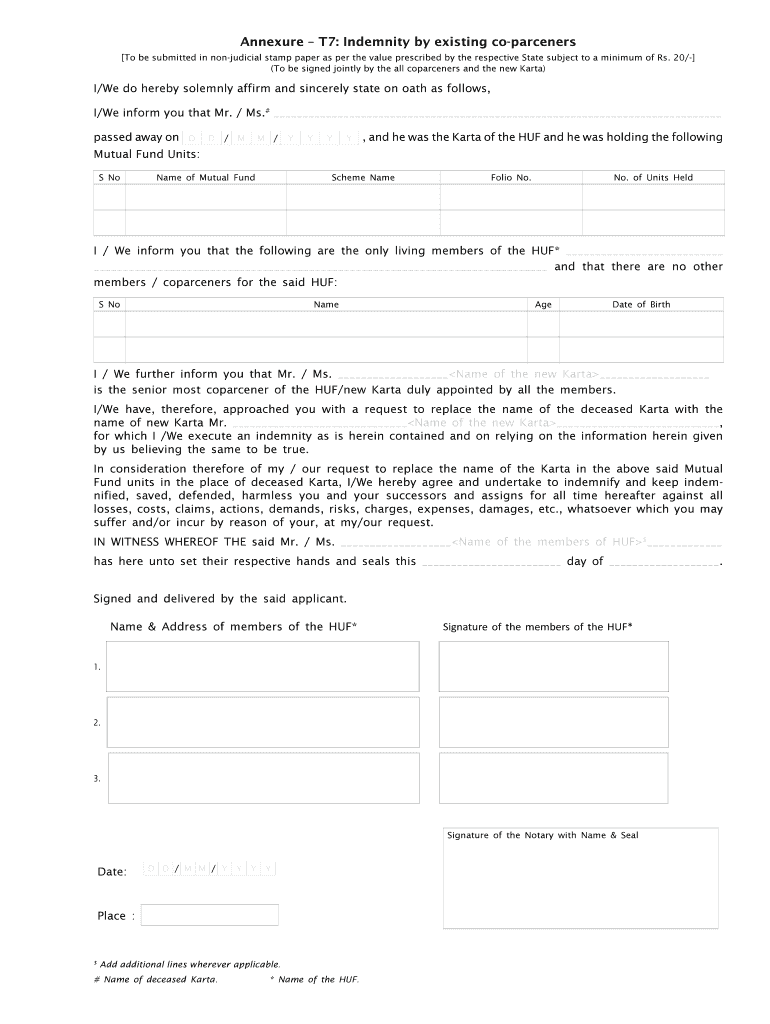 Fillable Online Annexure T7 Indemnity by existing co-parceners Fax ...