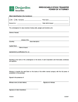 Fillable Online IRREVOCABLE STOCK TRANSFER POWER OF ATTORNEY Fax Email ...