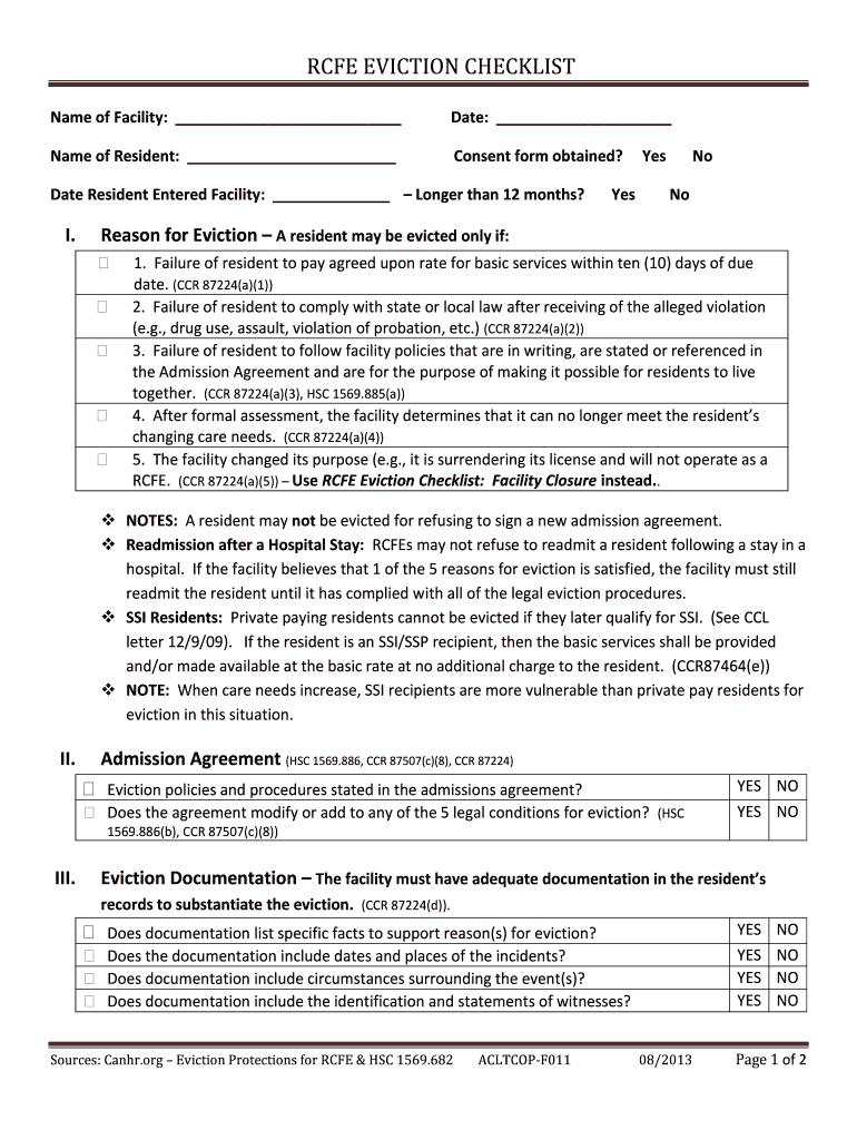 Fillable Online alamedasocialservices RCFE EVICTION CHECKLIST ...