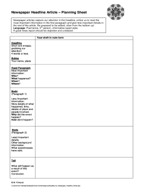 Fillable Online Newspaper Headline Article Planning Sheet Fax Email ...