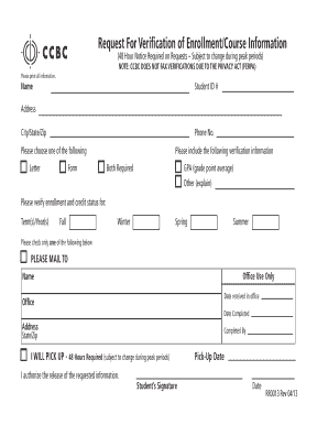 Fillable Online ccbcmd Request For Verification of EnrollmentCourse Information Fax Email Print ...