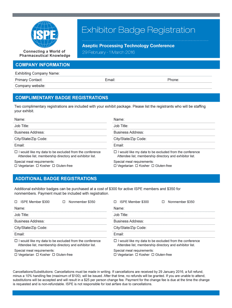 Fillable Online ispe Exhibitor Badge Registration - ISPE GMP Fax Email ...