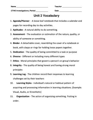 Fillable Online Unit 2 Vocabulary - w2aisdnet Fax Email Print - pdfFiller