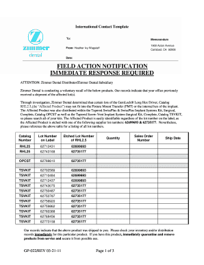 Fillable Online hsa gov FIELD ACTION NOTIFICATION IMMEDIATE RESPONSE ...