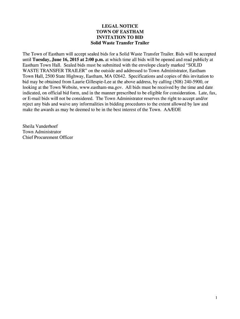 Fillable Online eastham-ma Solid Waste Transfer Trailer Bid - Eastham MA Fax Email Print - pdfFiller