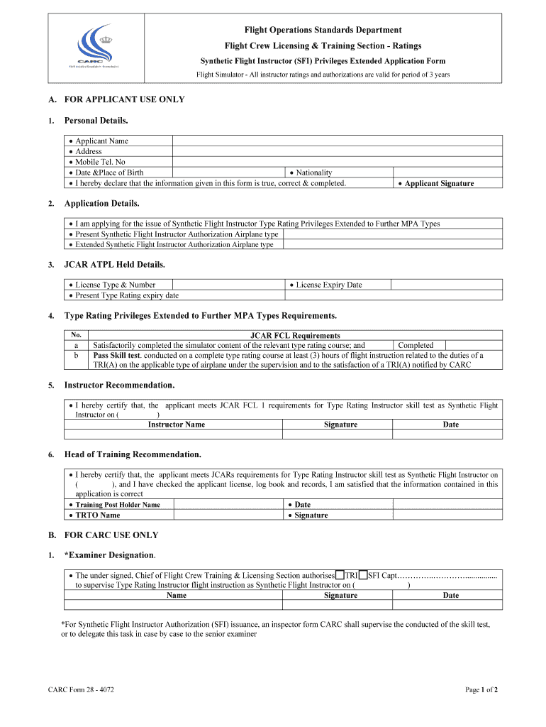 Fillable Online carc gov Synthetic Flight Instructor (SFI) Privileges Extended Application Form ...