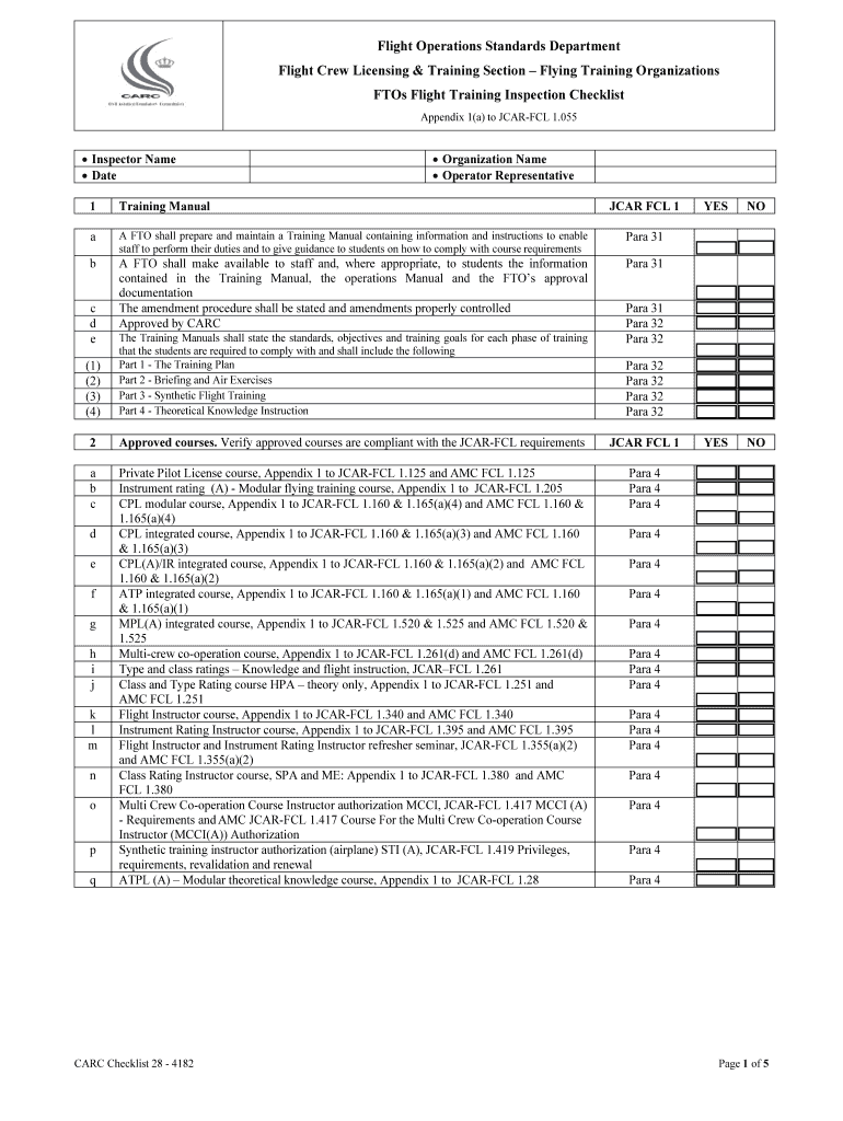 Fillable Online carc gov FTOs Flight Training Inspection Checklist Fax ...