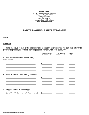 Fillable Online ESTATE PLANNING ASSETS WORKSHEET ASSETS Fax Email Print ...