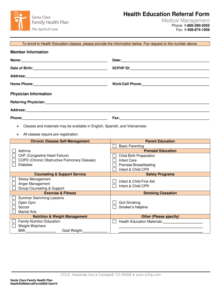 Fillable Online Health Education Referral Form - Santa Clara Family Health Fax Email Print ...