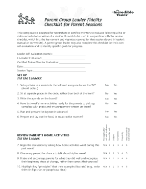 Fillable Online Parent Group Leader Fidelity Checklist for - The ...