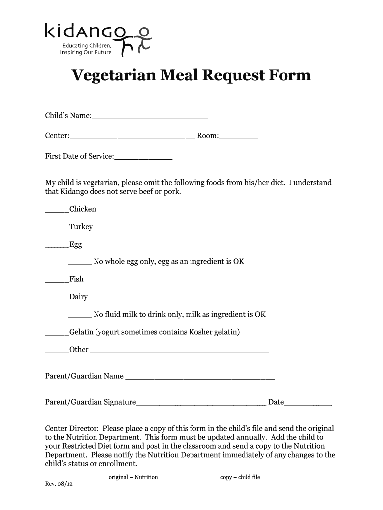 Fillable Online kidango Vegetarian Meal Request Form - Kidango ...