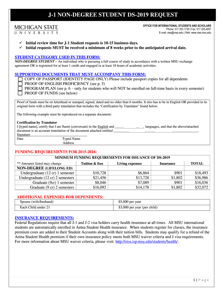 Fillable Online oiss isp msu J-1 NON-DEGREE STUDENT DS-2019 REQUEST ...