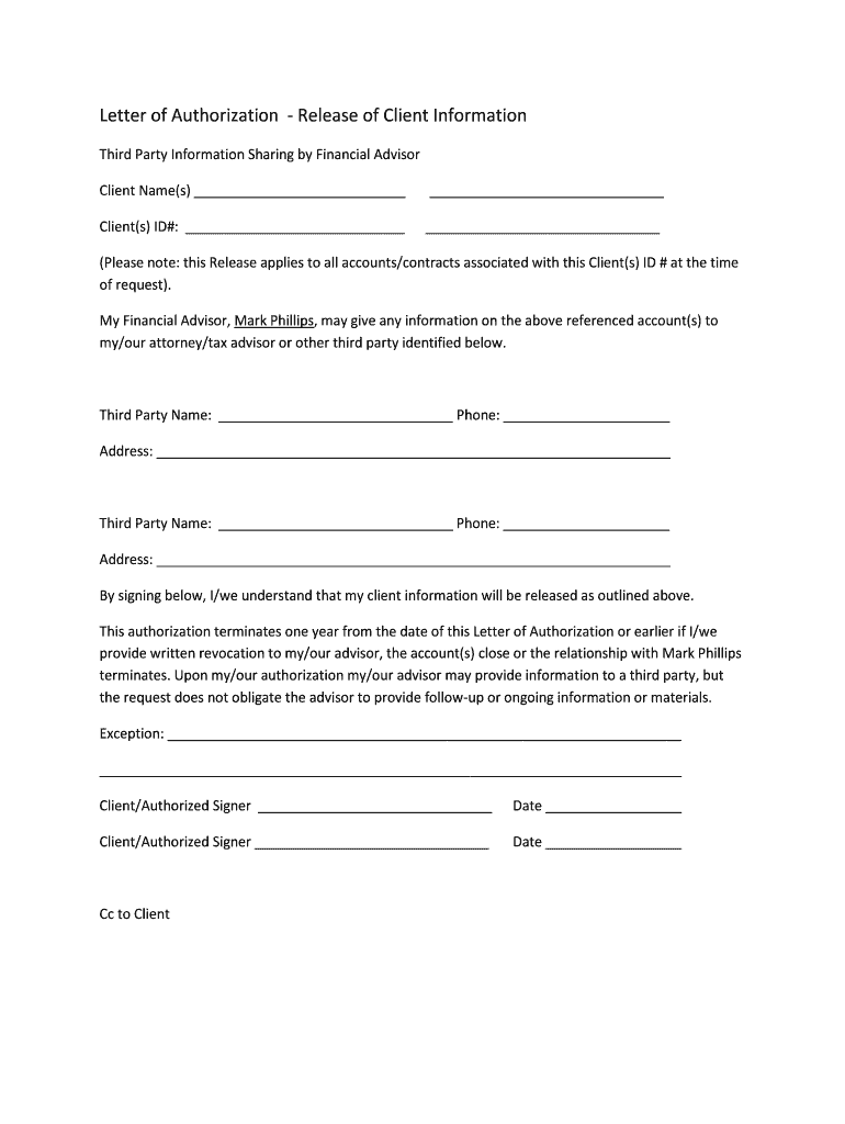 Fillable Online Letter of Authorization - Release of Client Information ...