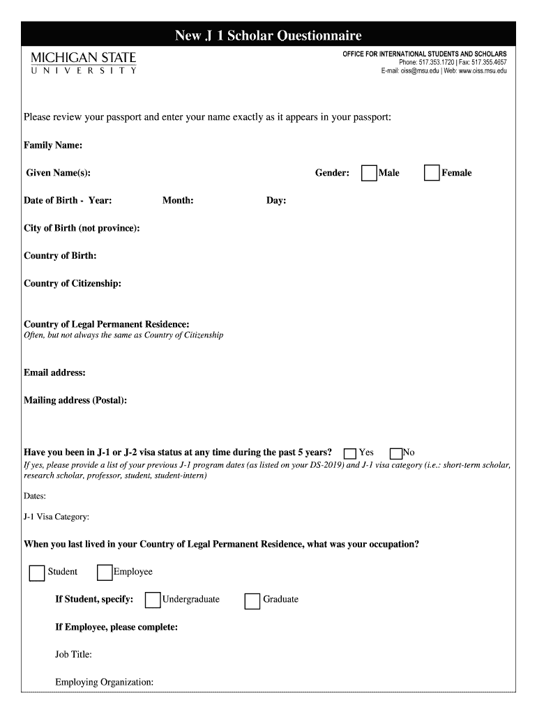 Fillable Online oiss isp msu New J-1 Scholar Questionnaire HSa ...