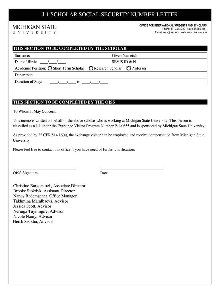 Fillable Online oiss isp msu J-1 SCHOLAR SOCIAL SECURITY NUMBER LETTER ...