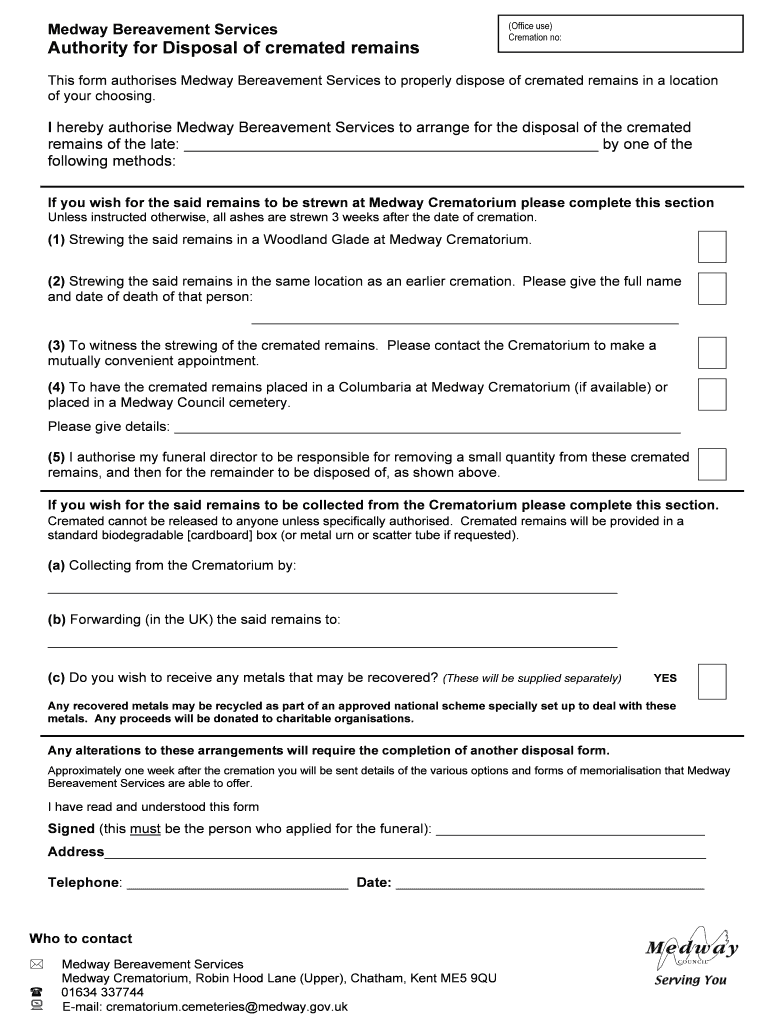 Fillable Online Medway Bereavement Services Cremation no Authority for ...