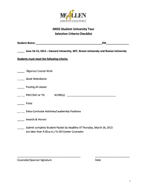 Fillable Online mcallenisd MISD Student University Tour Selection ...