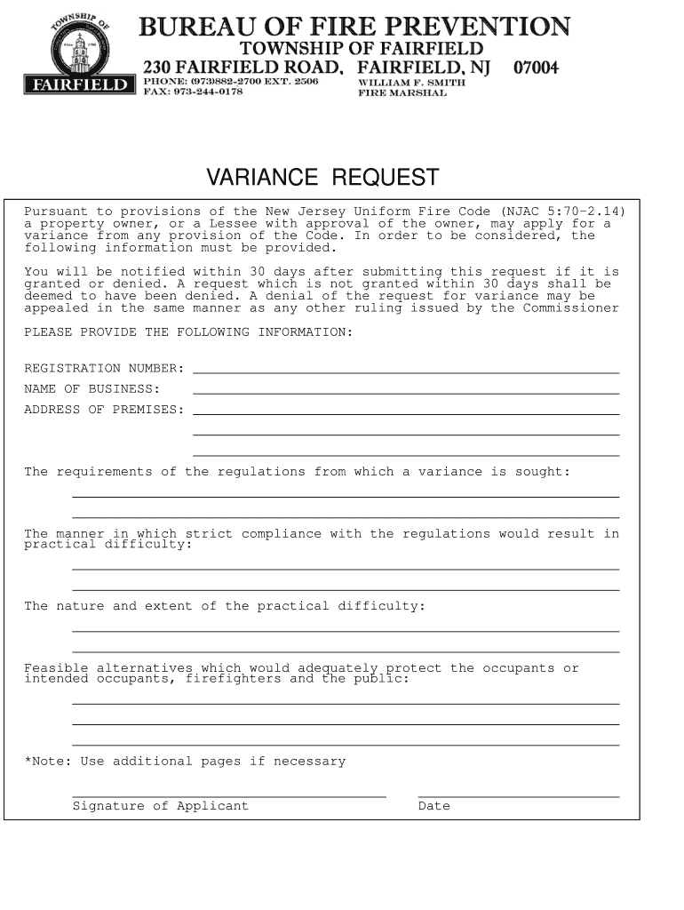 Fillable Online fairfieldnj VARIANCE REQUEST - Fairfield Fax Email ...